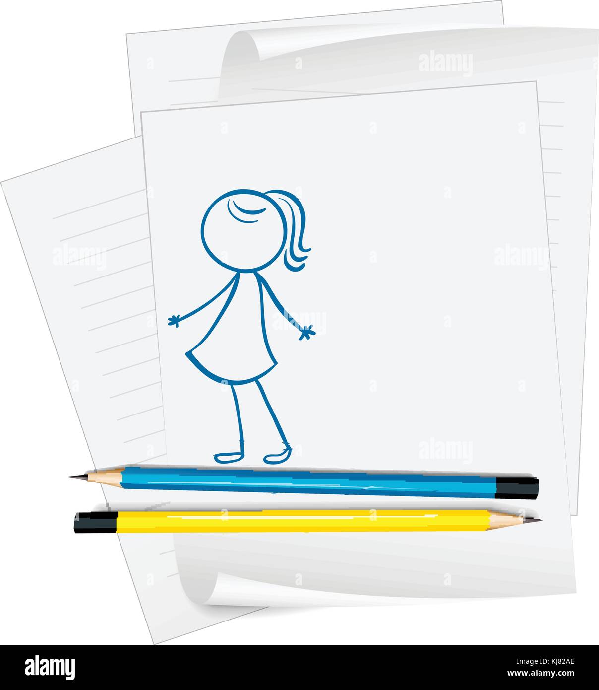 Illustration of a paper with a sketch of a young girl on a white ...