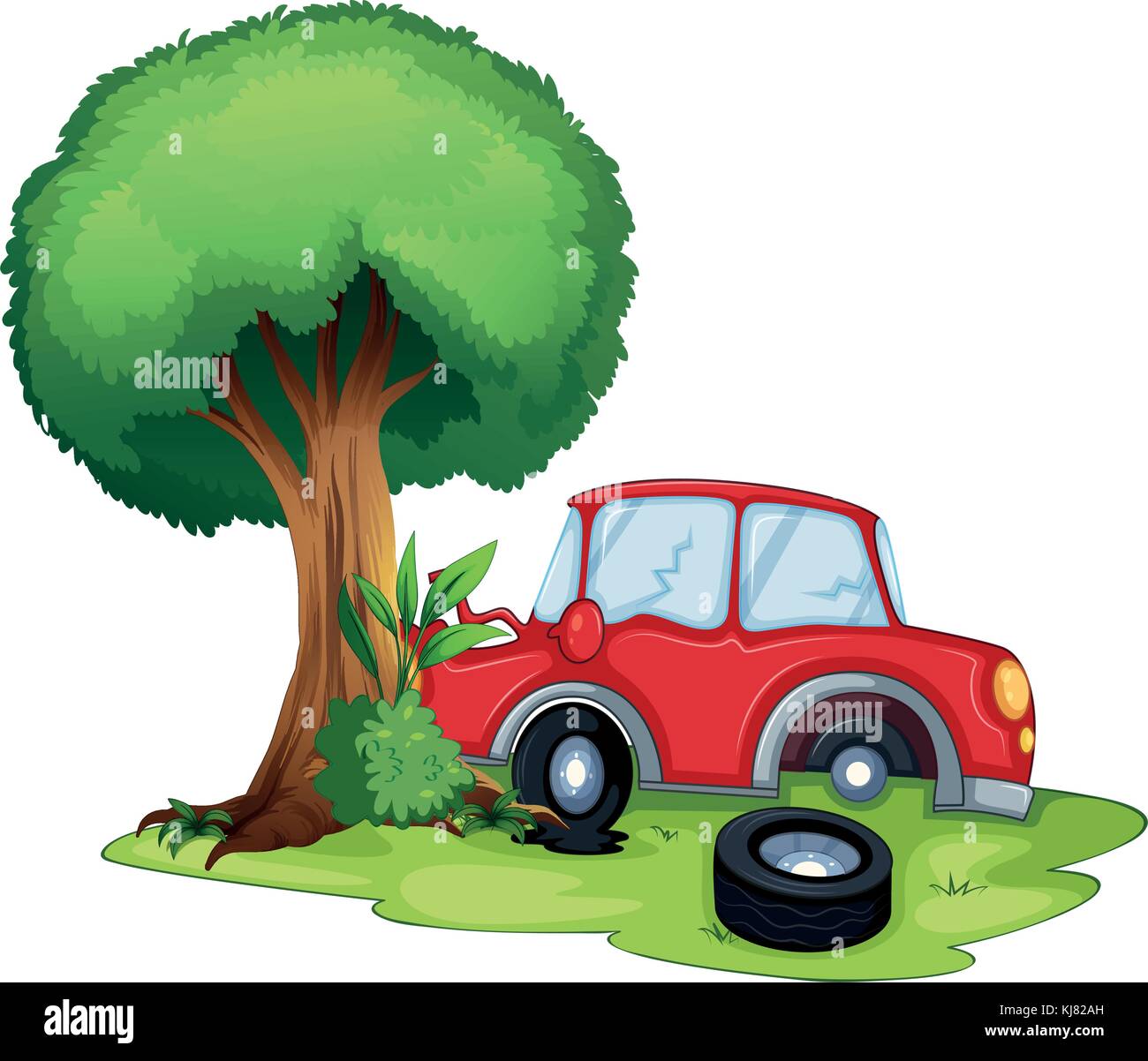 Illustration of a red car bumping on a tree on a white background Stock ...
