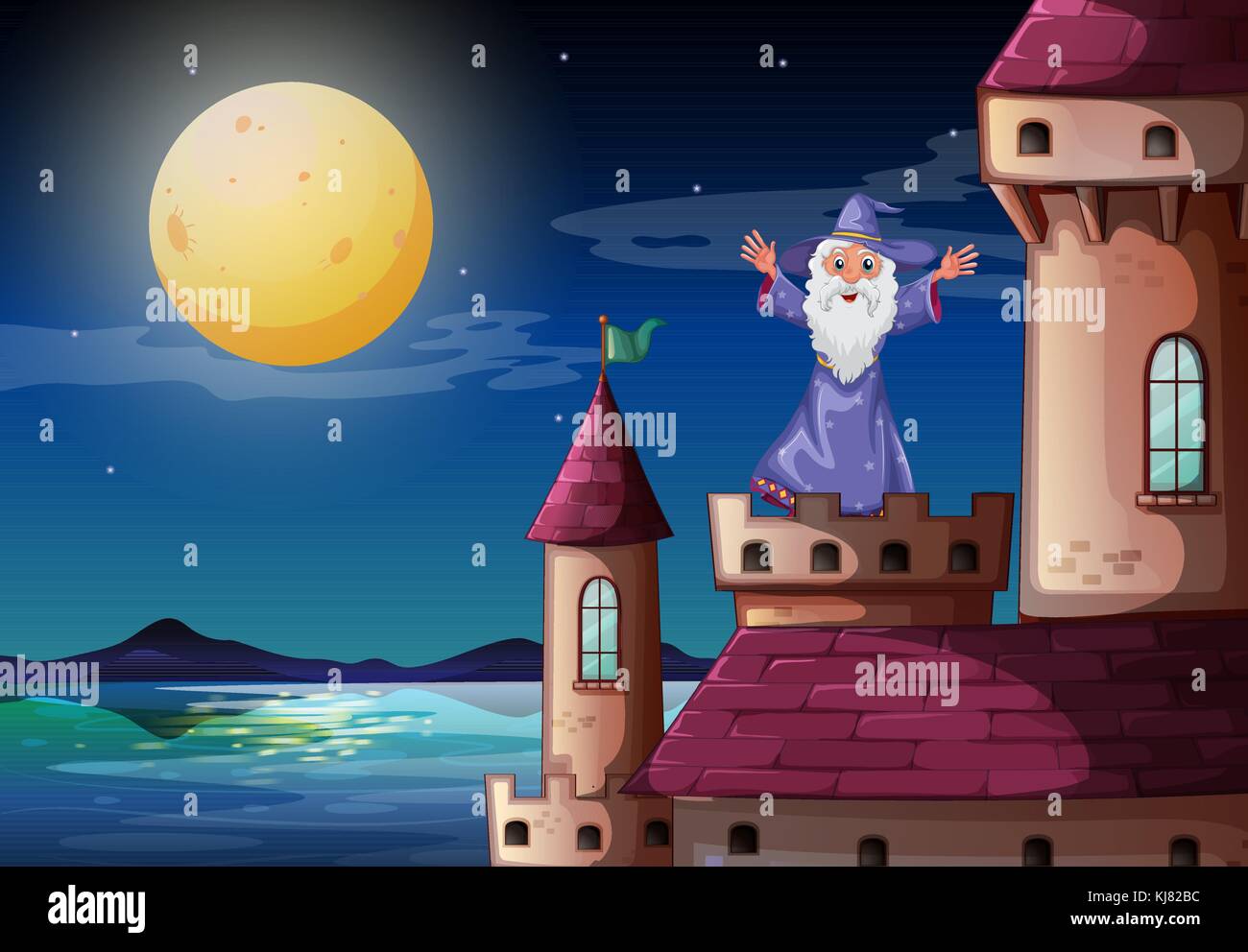 Illustration of a wizard standing above a castle port Stock Vector ...