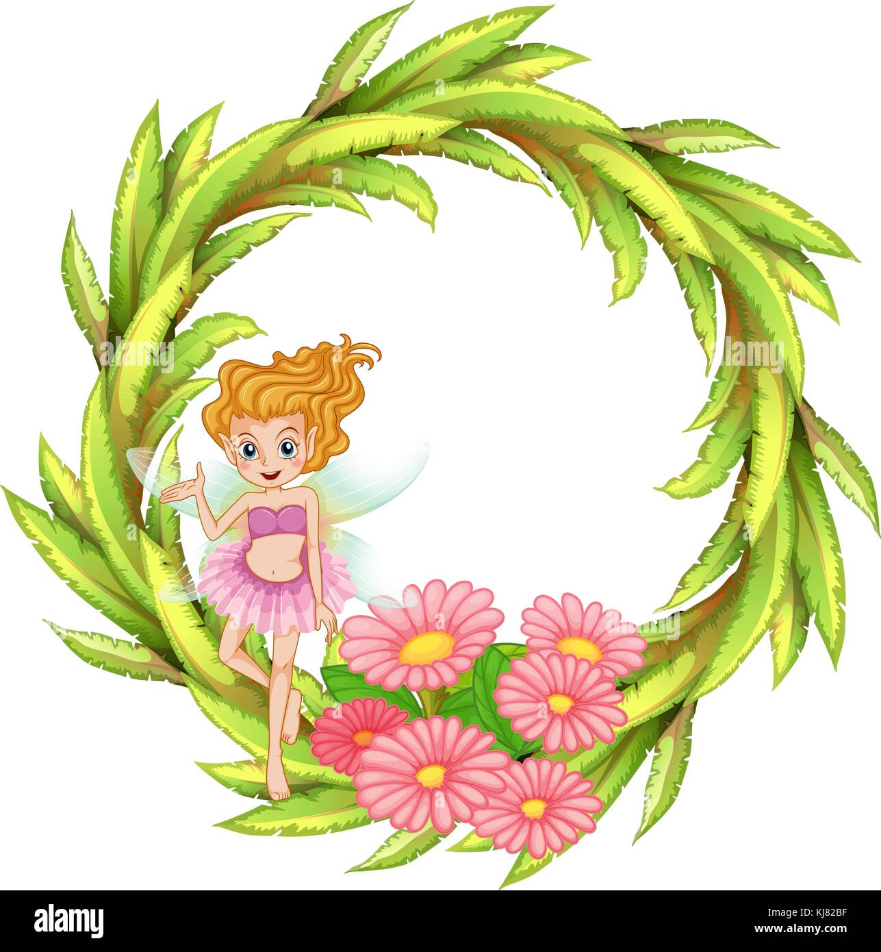 Illustration of a green round border design with a fairy on a white ...