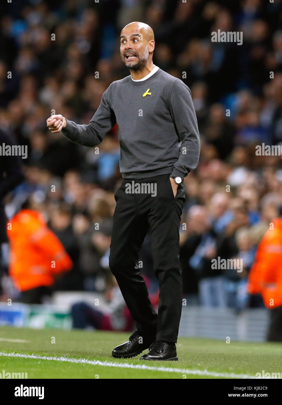 Manchester City manager Pep Guardiola gestures on the touchline during ...