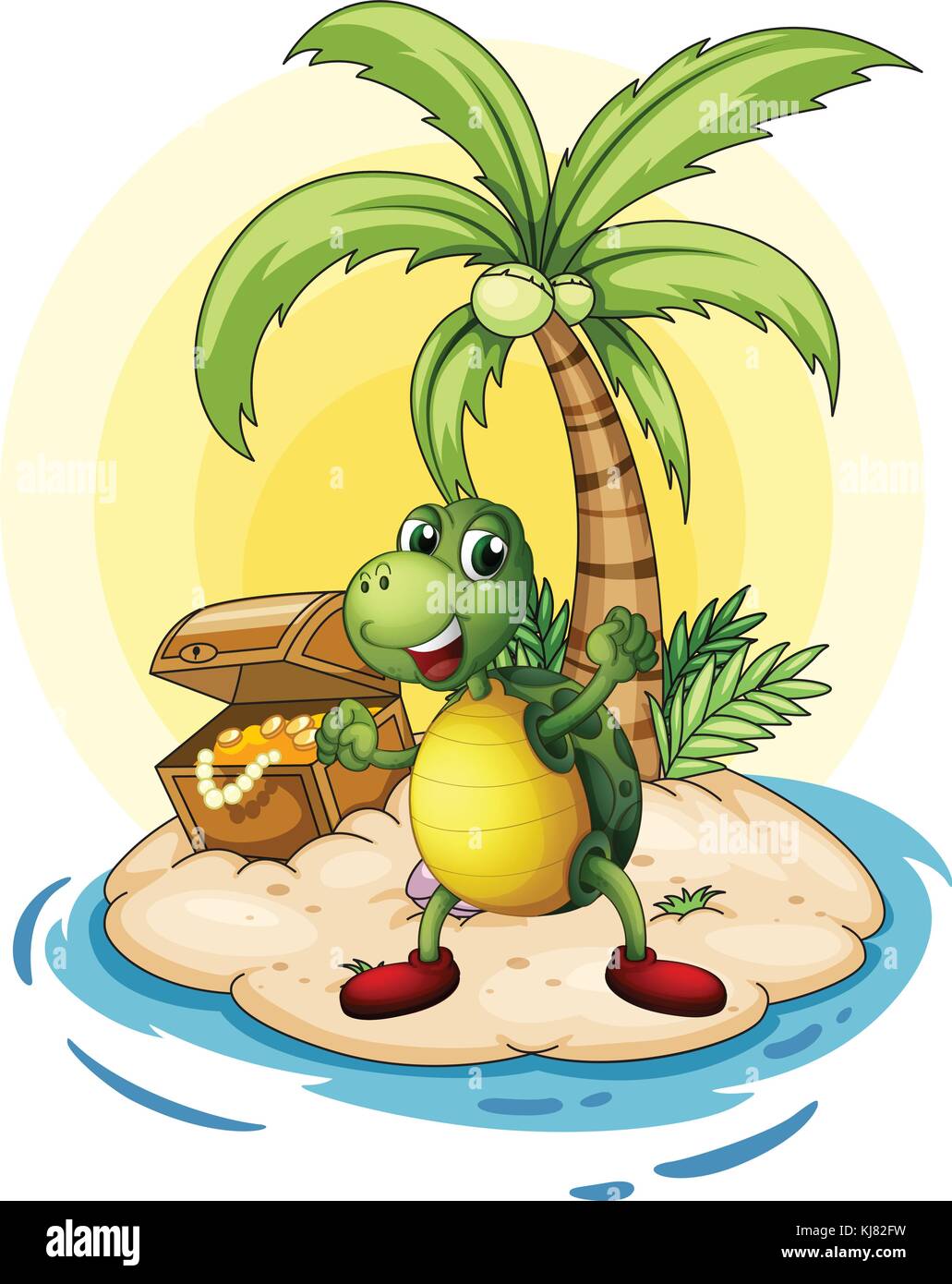 Illustration of a turtle with a treasure at the back in a small island ...