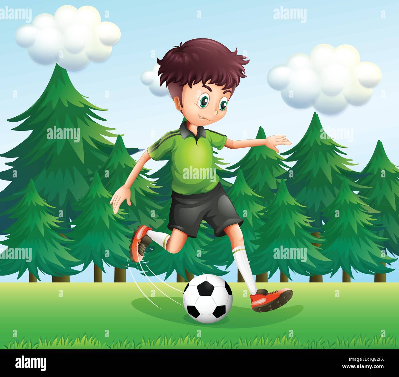 Illustration of a boy kicking a soccer ball near the pine trees Stock ...