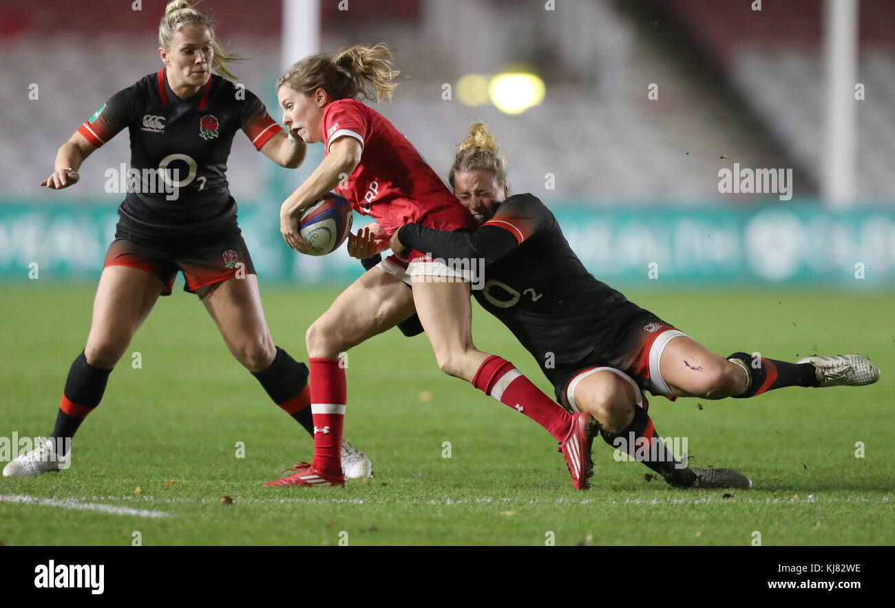 England's Amber Reed tackles Canada's Laura Russell during the Old ...