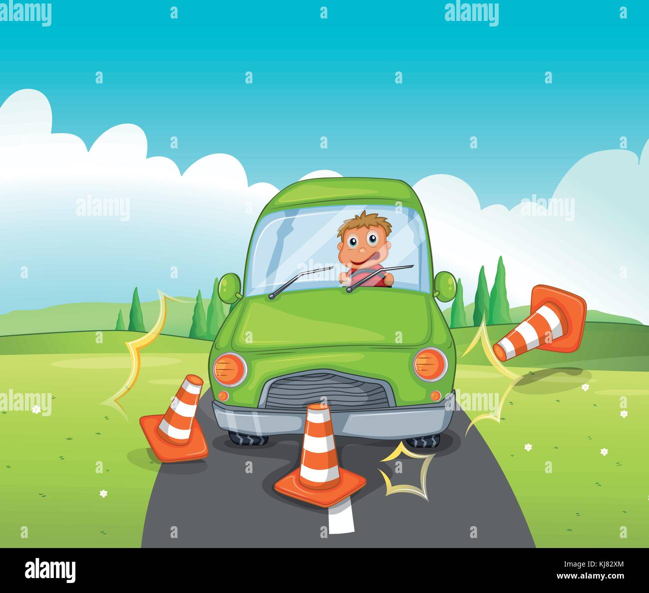 Illustration of a boy riding on a green car bumping the traffic cones ...