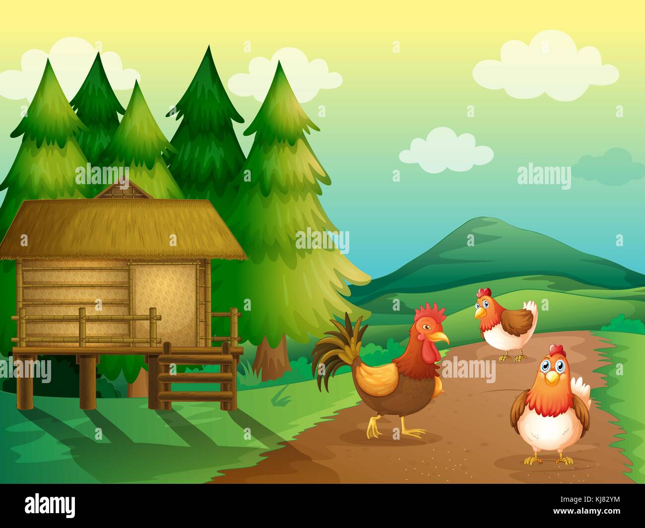 Illustration of a farm with chickens and a native house Stock Vector ...