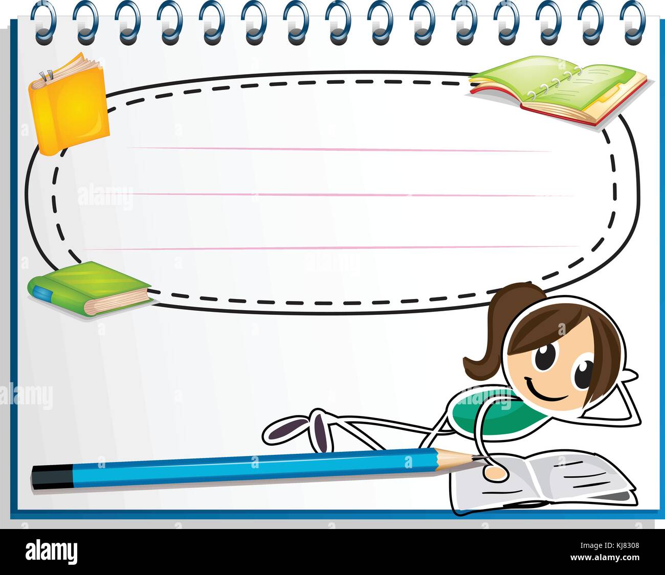 Illustration of a notebook with a drawing of a girl reading on a white ...