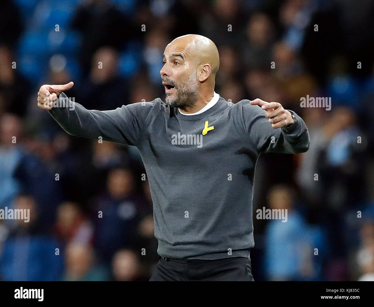Manchester City manager Pep Guardiola gestures on the touchline during ...