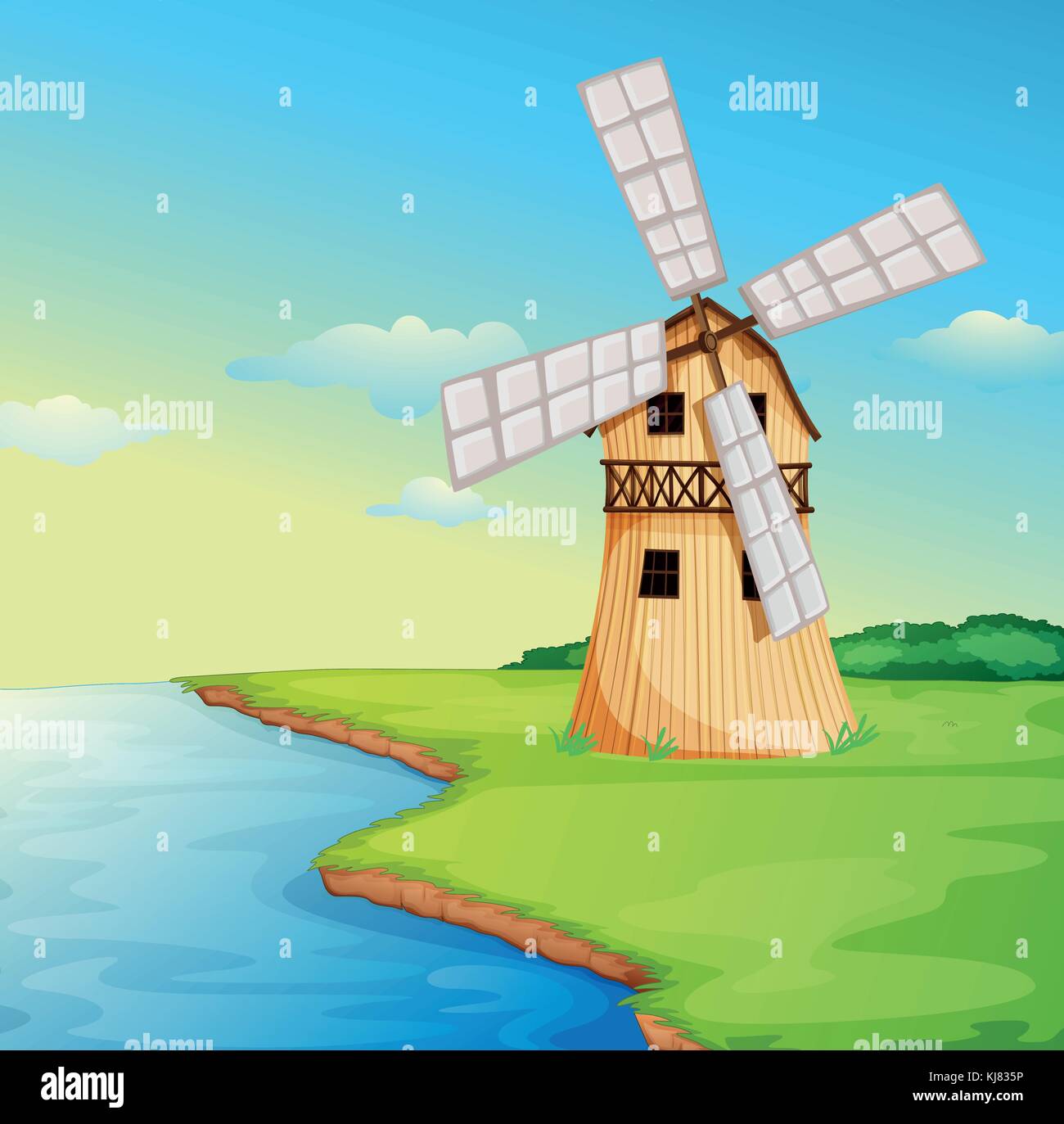 Illustration of a windmill along the river Stock Vector Image & Art - Alamy
