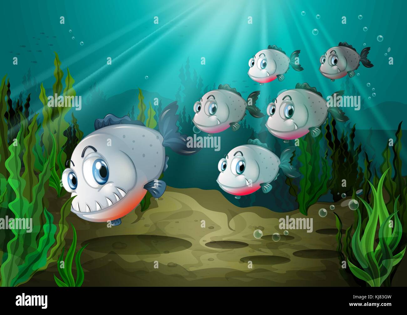 Illustration of the six fishes with big fangs under the sea Stock ...