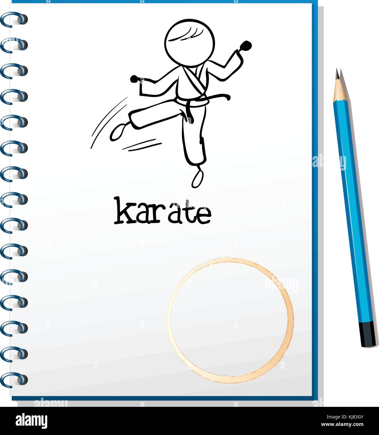 Illustration of a notebook with a sketch of a karate athlete on a white ...