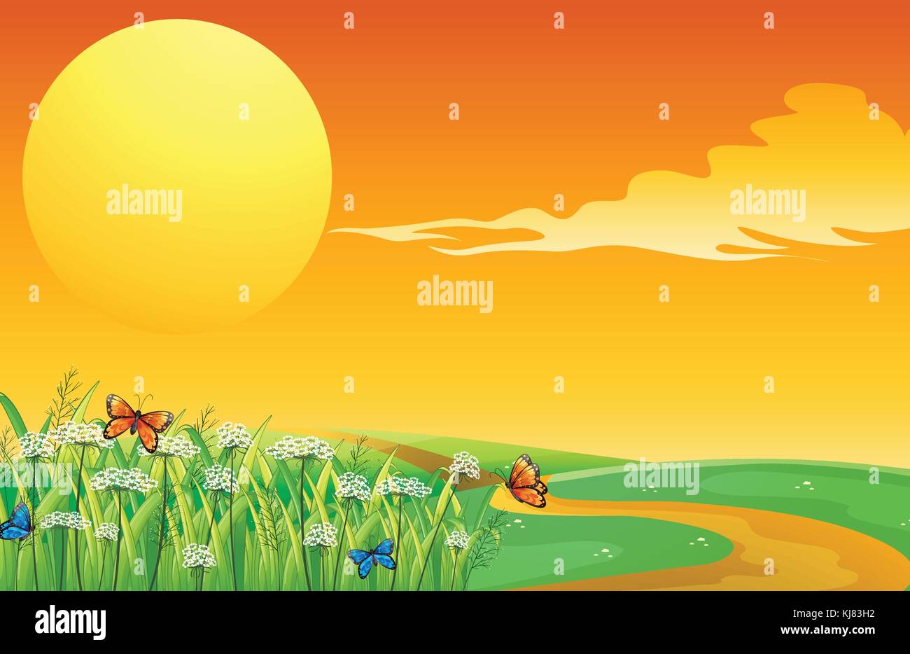Illustration of the butterflies in the garden in a sunset scenery Stock ...