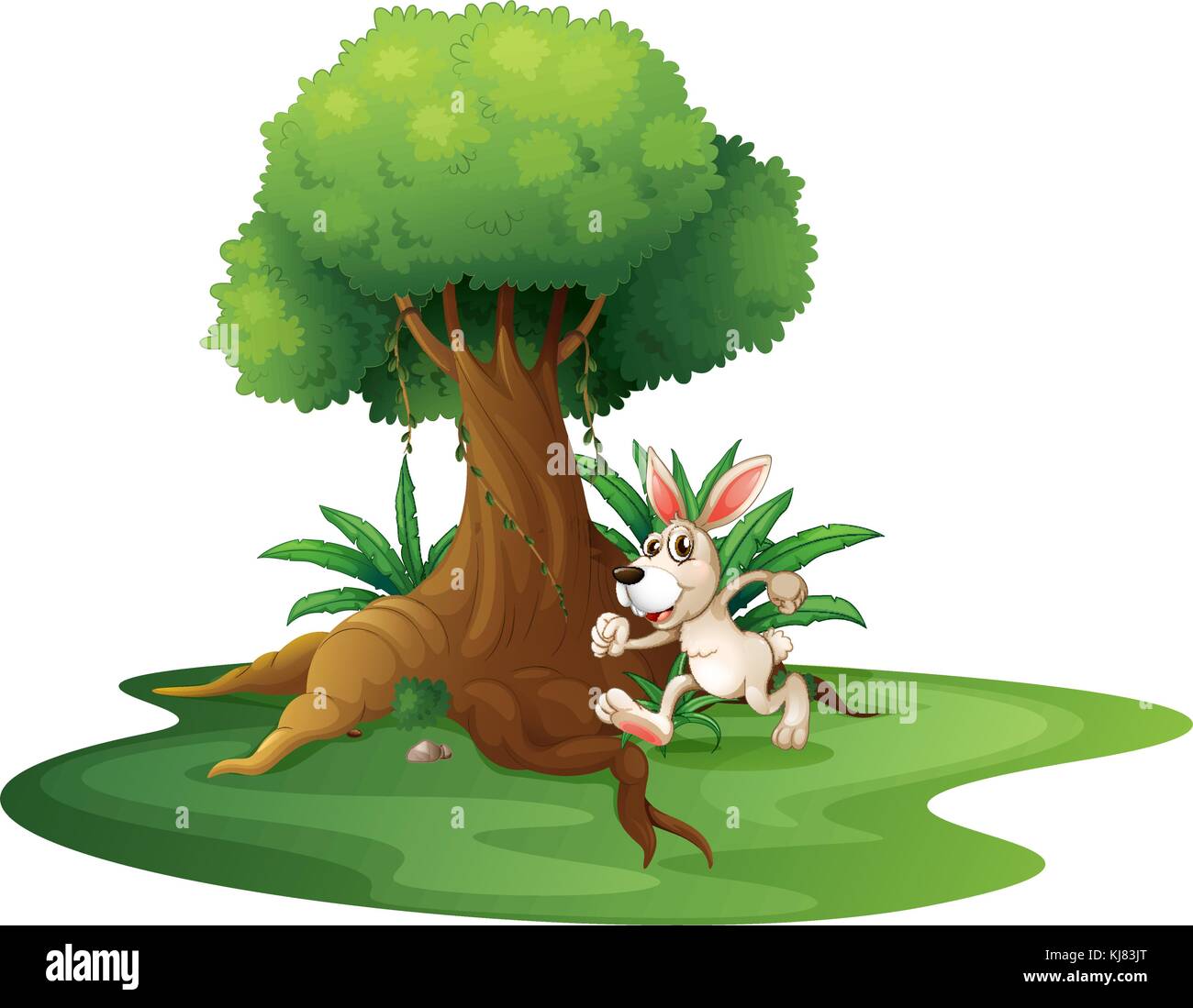 Illustration of a rabbit playing near the big tree on a white ...