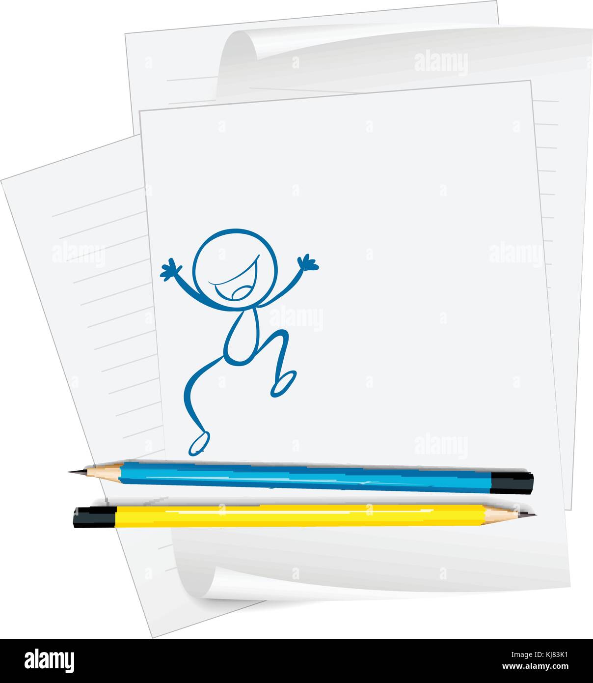 Illustration of a paper with a sketch of a happy boy jumping on a white ...