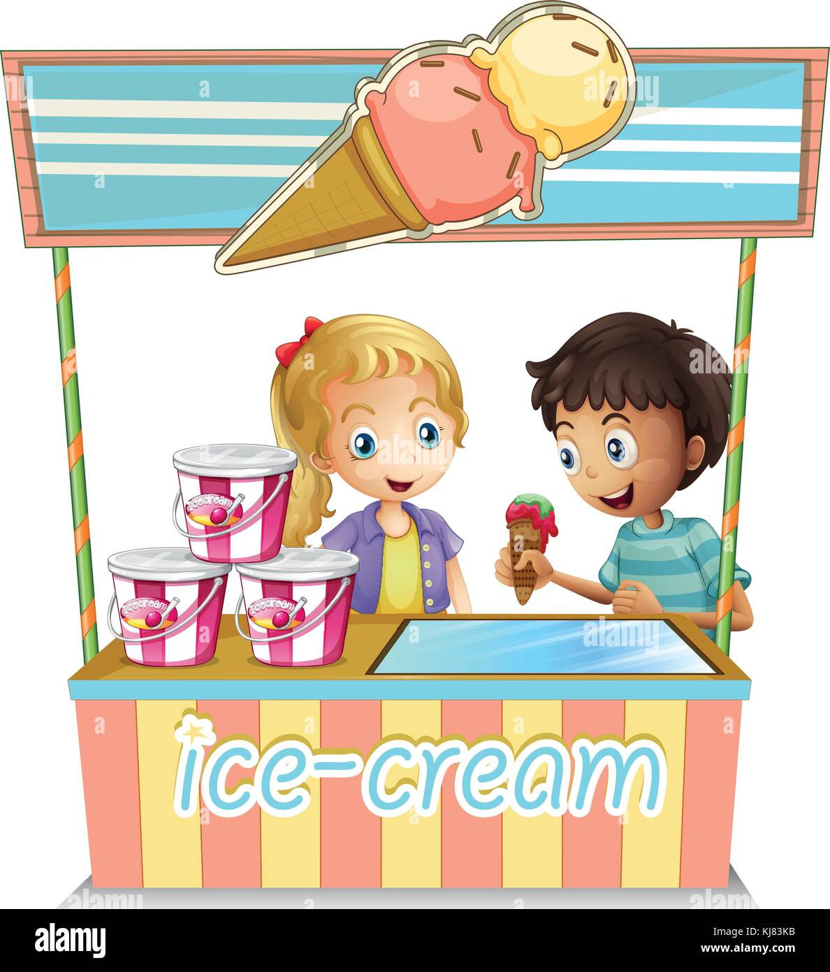 Illustration of the two young kids at the ice cream stand on a white ...