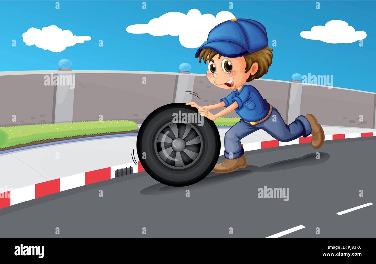 Illustration of a boy pushing a wheel along the road Stock Vector Image ...