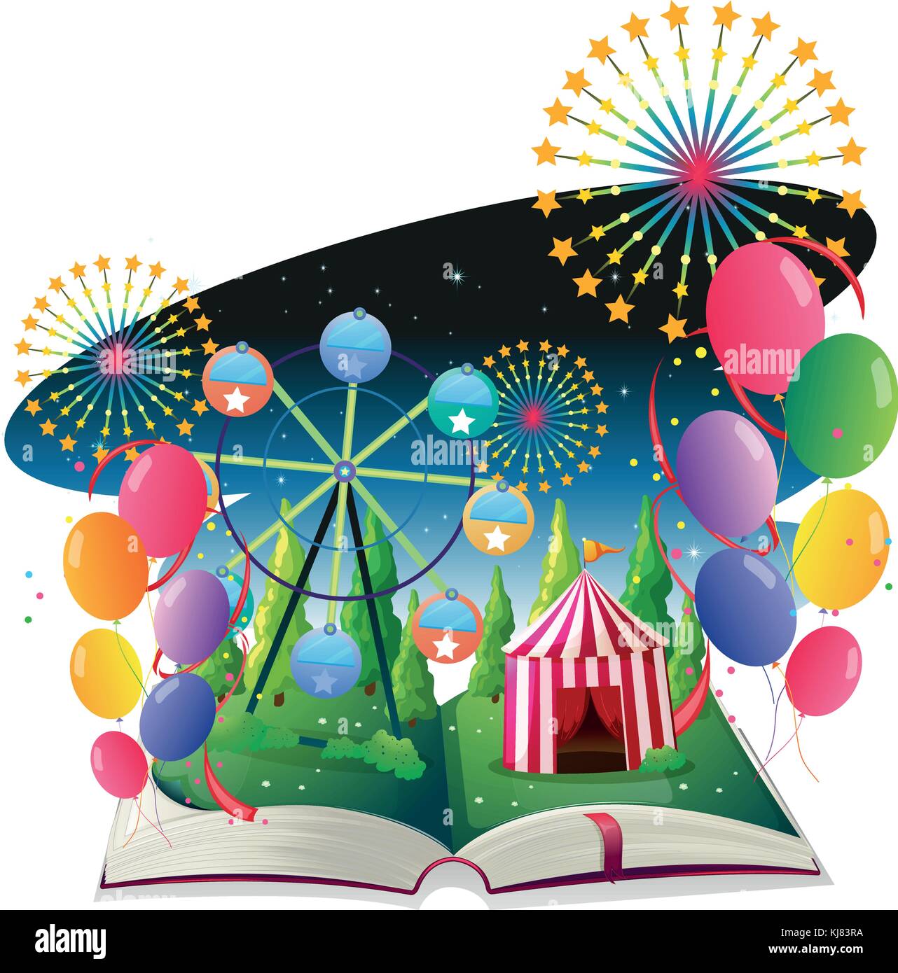 Illustration of a book with an image of a carnival with balloons on a ...