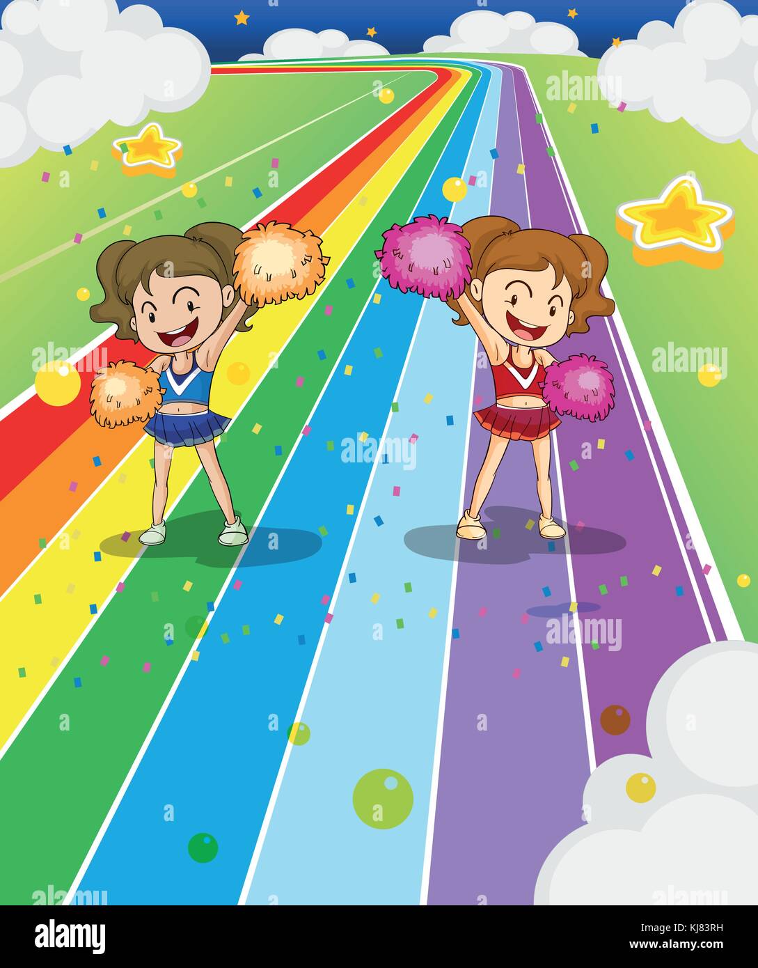 Illustration of the two young cheerleaders dancing at the colorful road ...