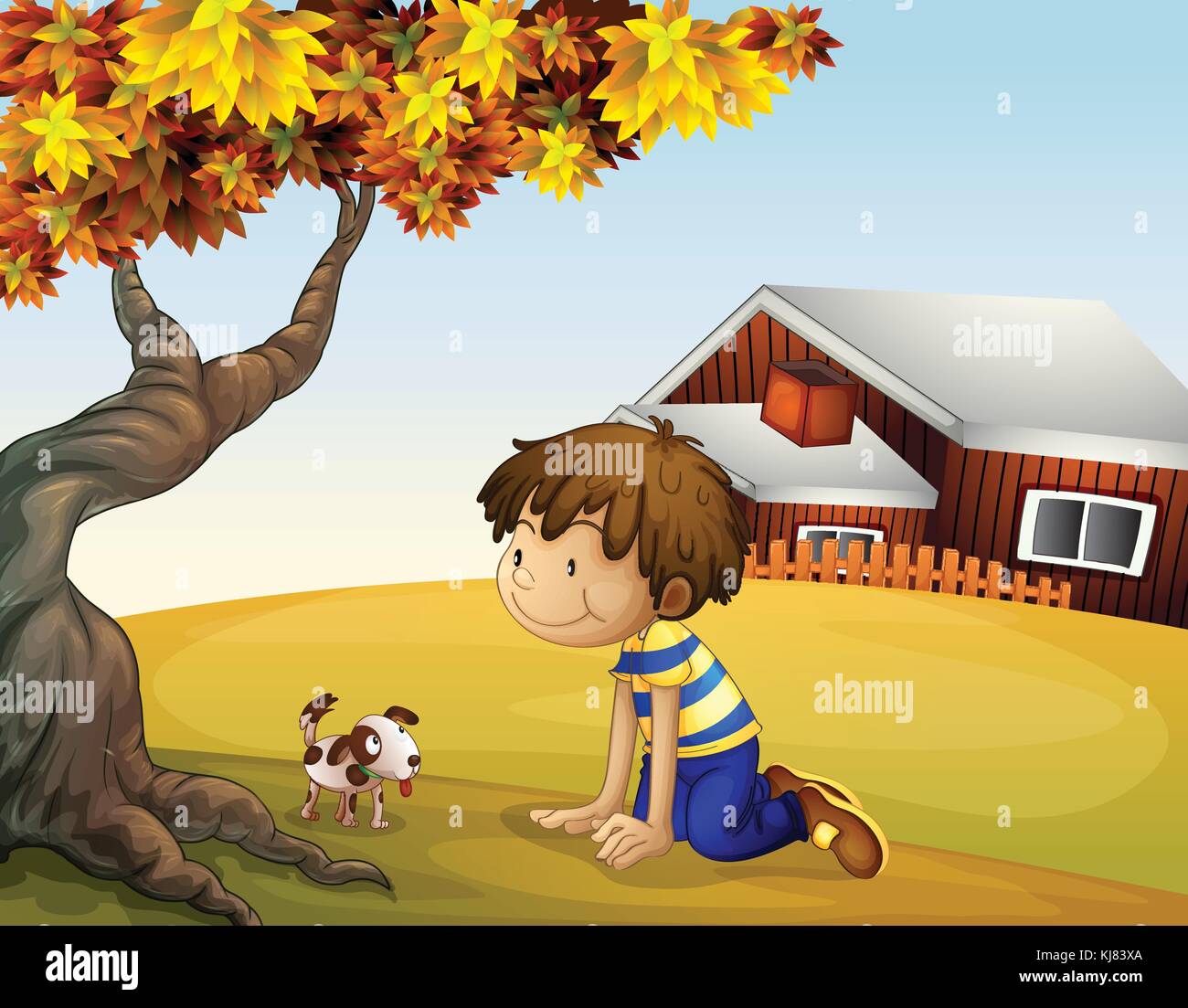 Illustration of a boy and his puppy under the tree Stock Vector Image ...