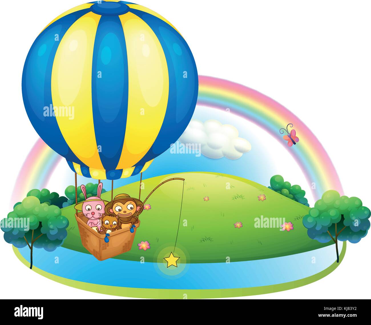 Illustration of a hot air balloon with three animals on a white ...