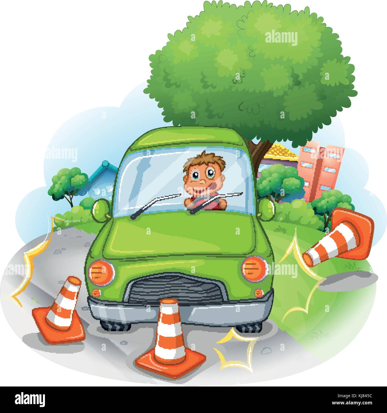Illustration of a green car bumping the traffic cones on a white ...