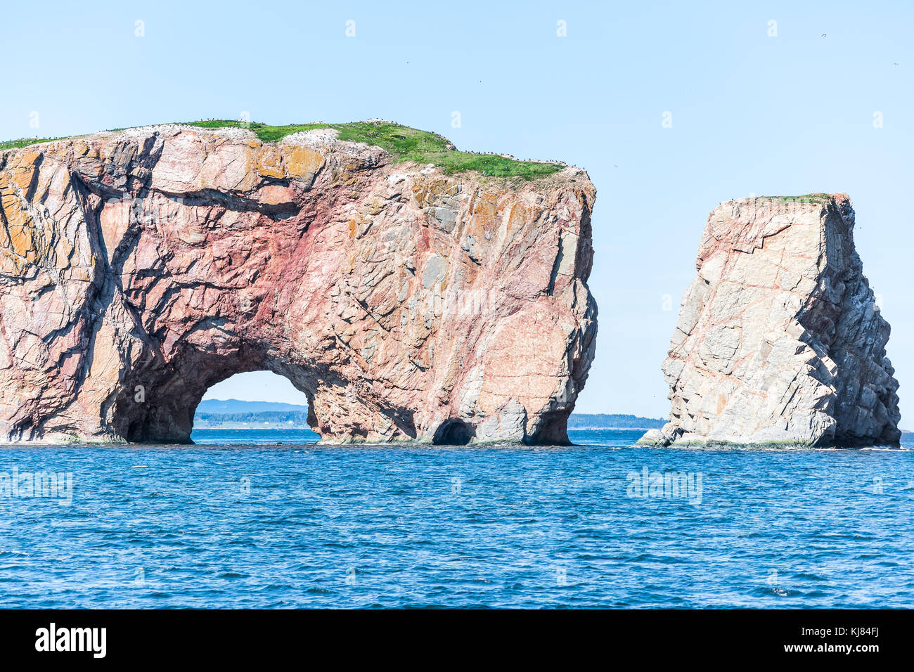 Rocher Perce rock in Gaspe Peninsula, Quebec, Gaspesie region closeup ...