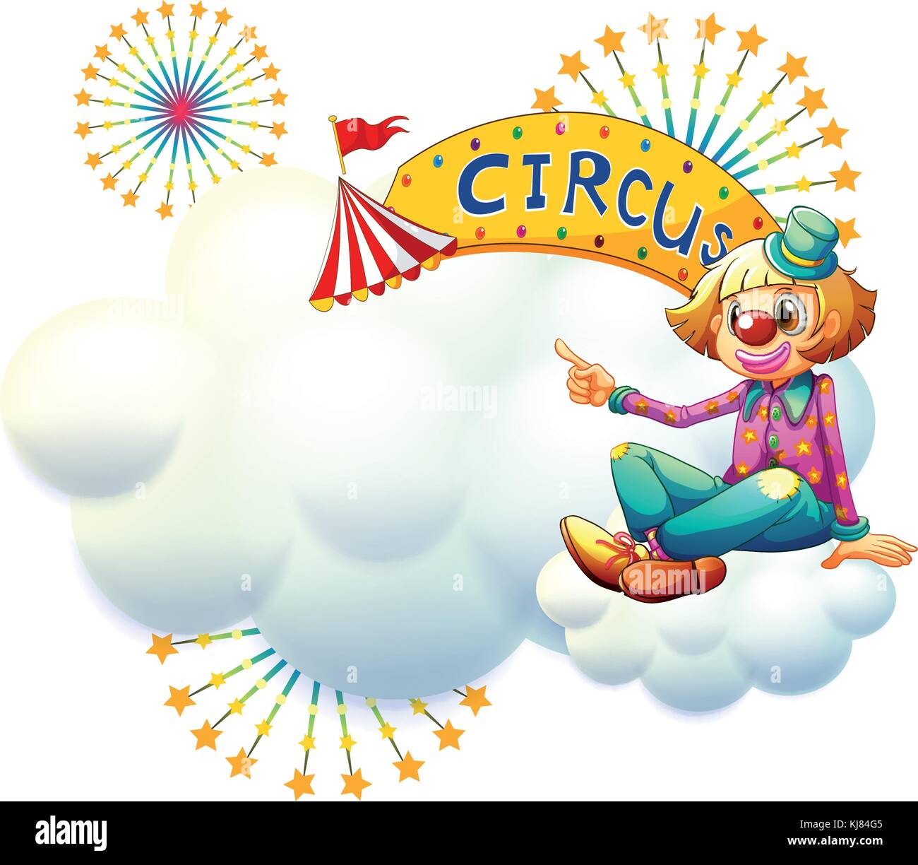 Illustration of a clown near the yellow circus signage on a white ...