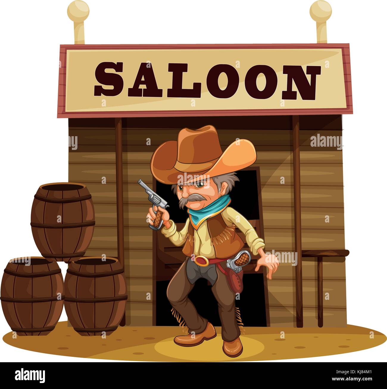 Illustration of a man holding a gun in front of a saloon bar on a white ...
