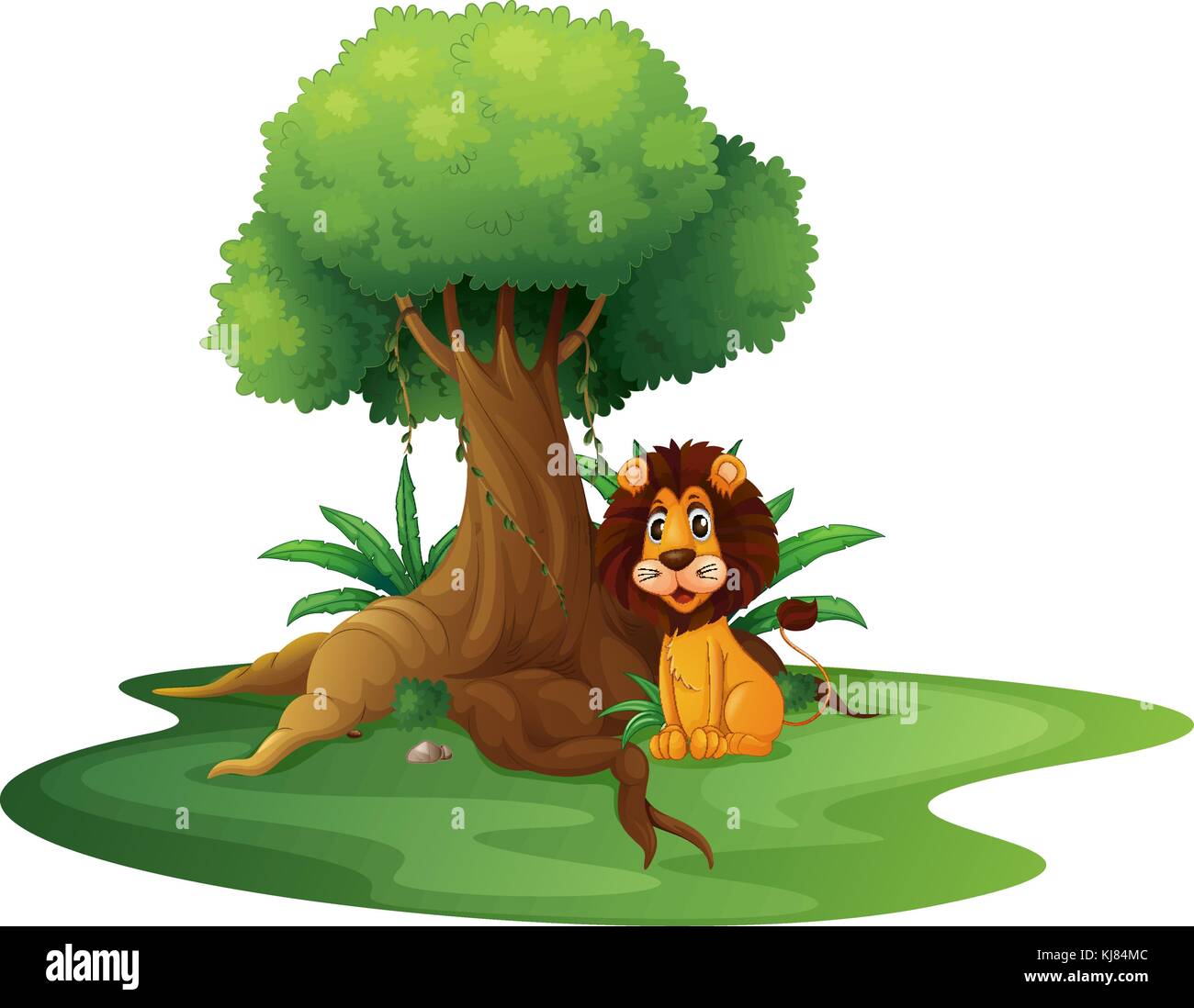 Illustration of a lion sitting under the big tree on a white background ...