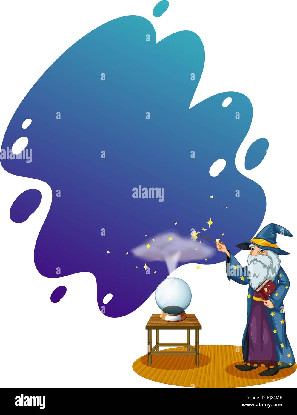 Illustration of a wizard with a book in front of a crystal ball on a ...