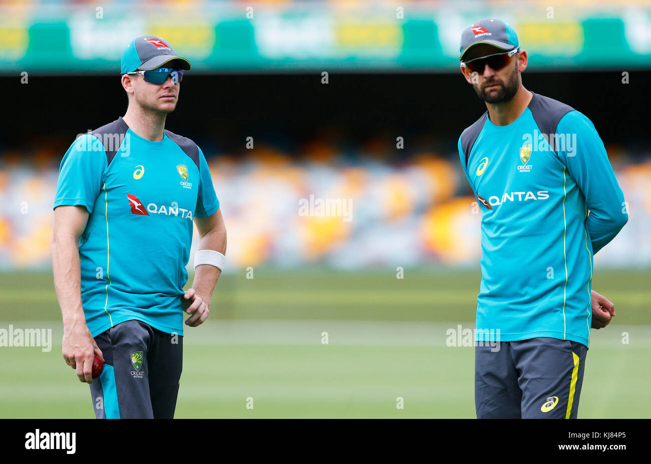 Australia's Steve Smith and Nathan Lyon during a nets session at The ...