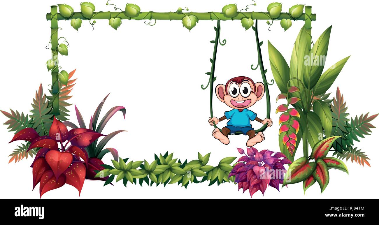 Illustration of an empty frame made of bamboo with a monkey on a white ...