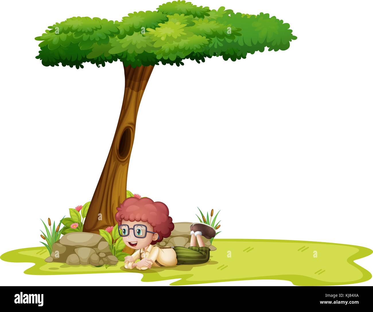 Illustration of a boy playing under the tree on a white background ...