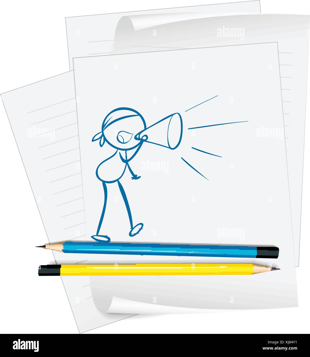 Illustration of a paper with a sketch of a boy speaking on a white ...