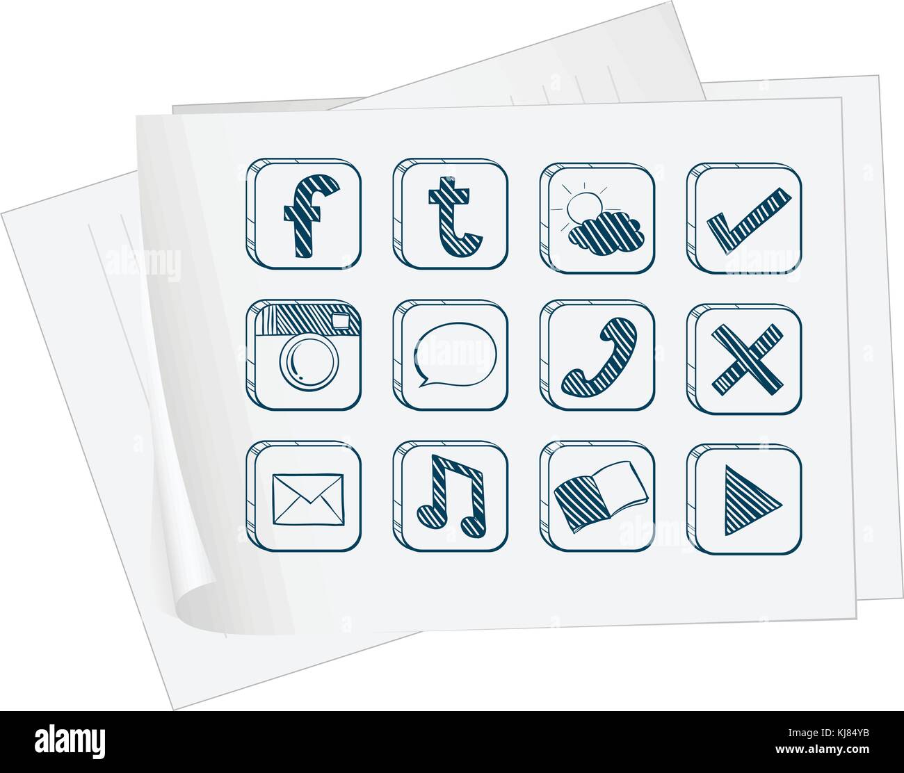 Illustration of a paper with a sketch of the different icons on a white ...