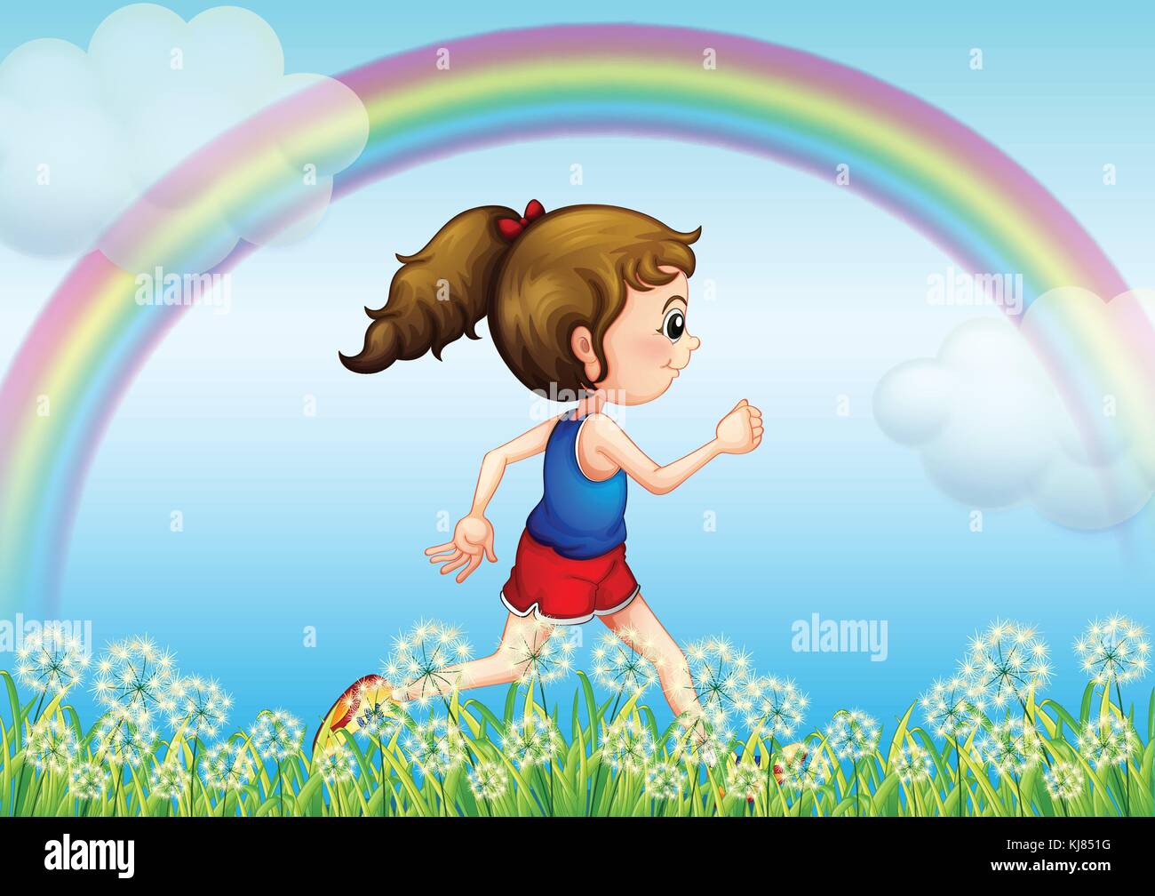 Illustration of a girl running with a rainbow in the sky Stock Vector ...