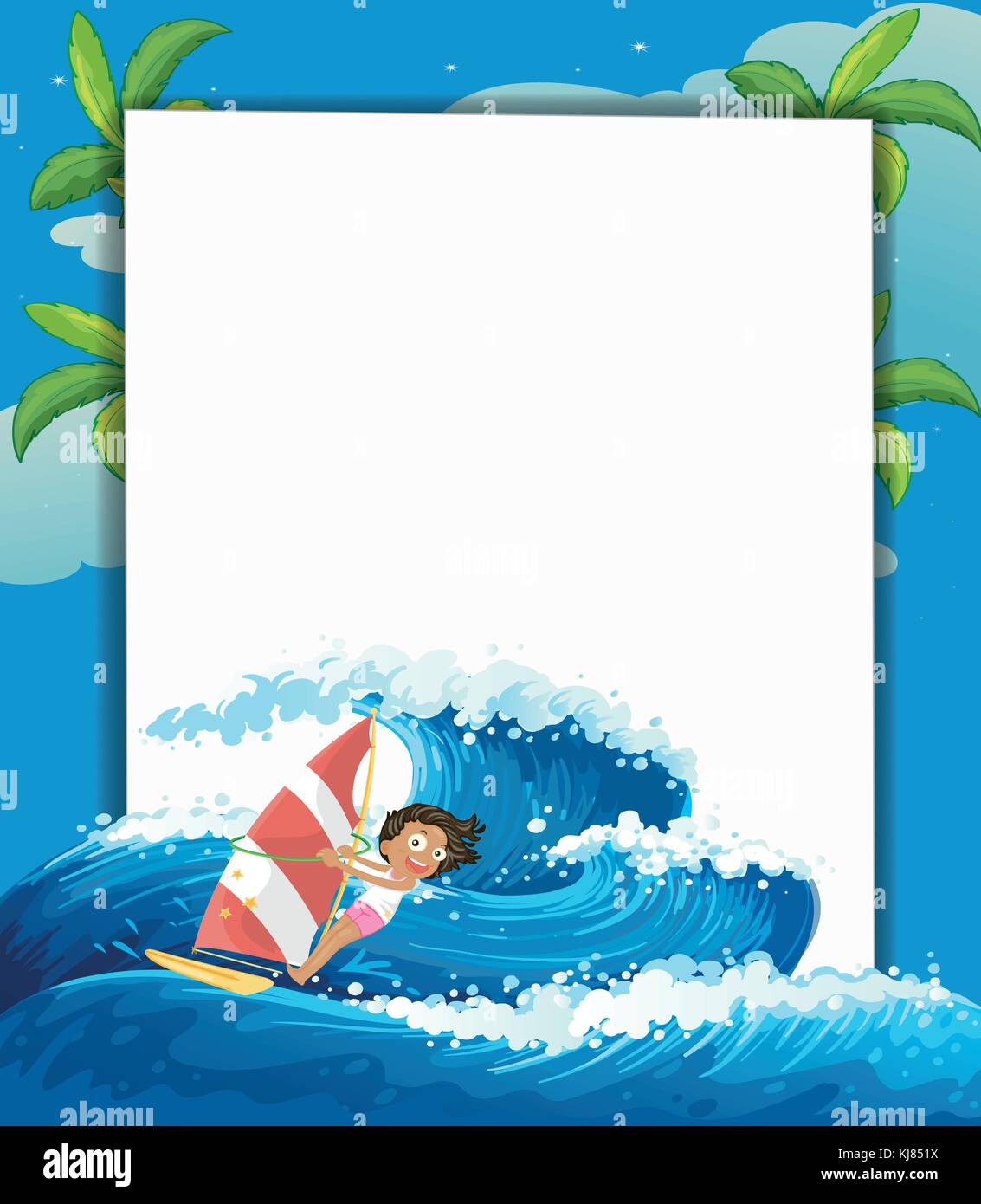 Illustration of a girl surfing in front of a big empty signage Stock ...
