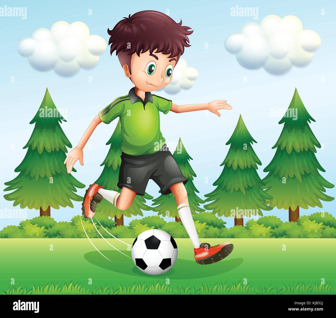 Illustration of a boy kicking the ball near the pine trees Stock Vector ...