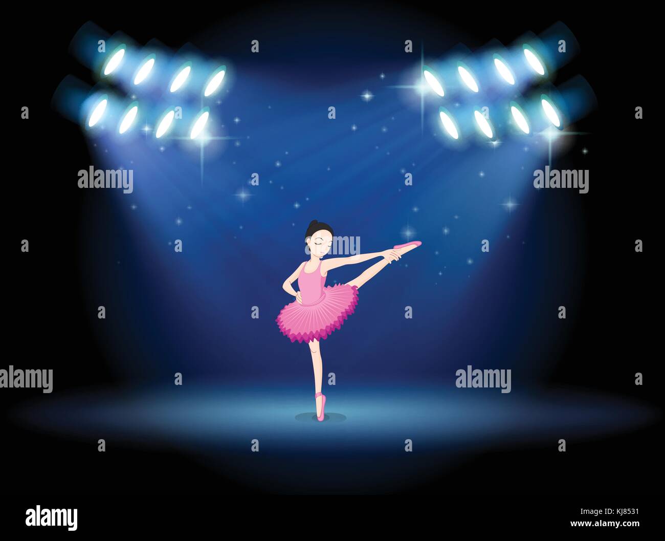 Illustration of a girl dancing ballet at the stage with spotlights ...