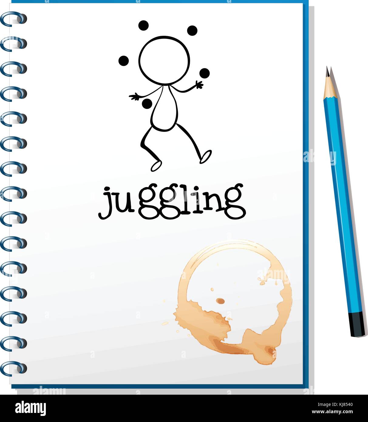 Illustration of a notebook with a sketch of a boy juggling on a white ...
