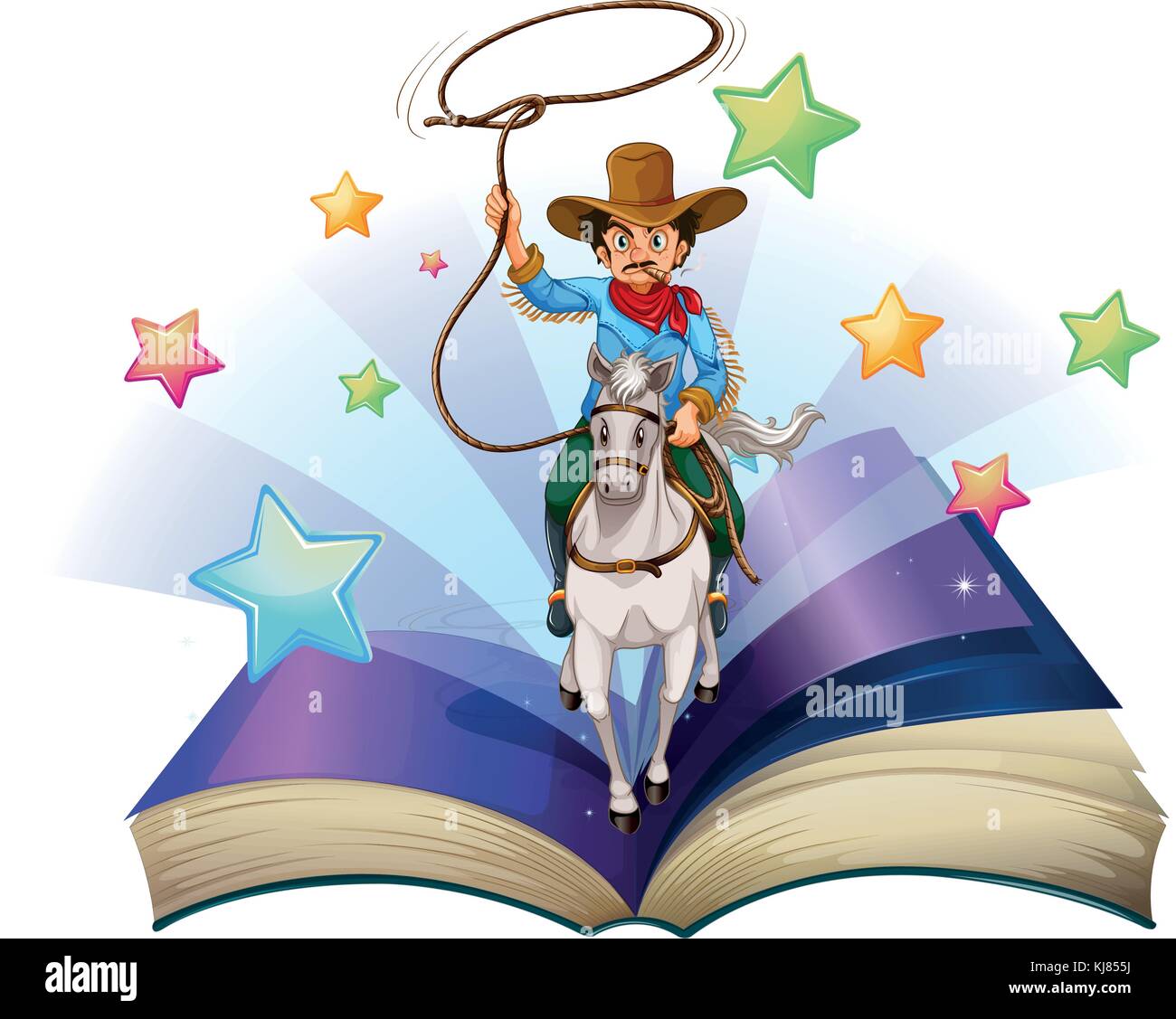 Illustration of an open book with an image of a cowboy riding on a ...