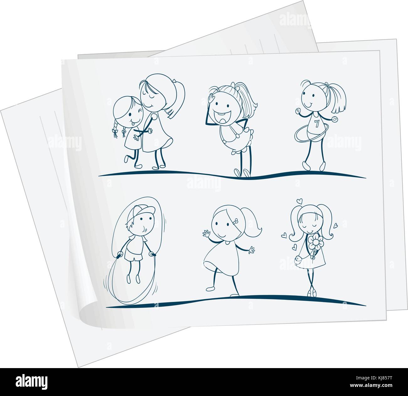 Illustration of a paper with a drawing of kids playing on a white ...