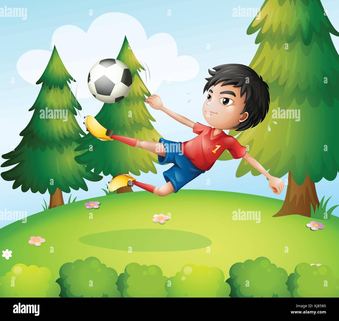Illustration of a boy playing soccer near the pine trees Stock Vector ...