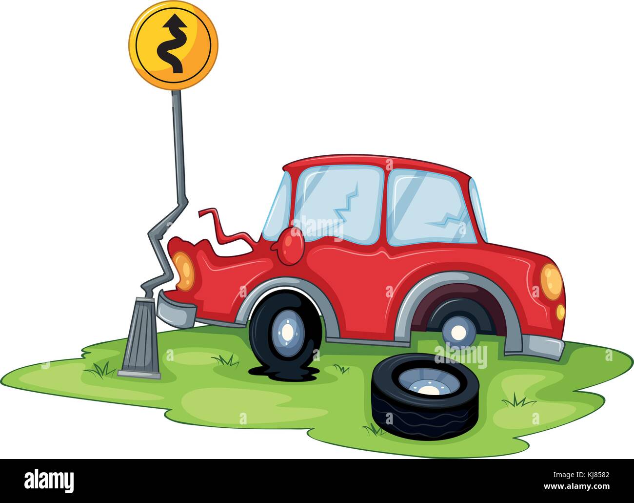 Illustration of a red car bumping the signage at the road on a white ...