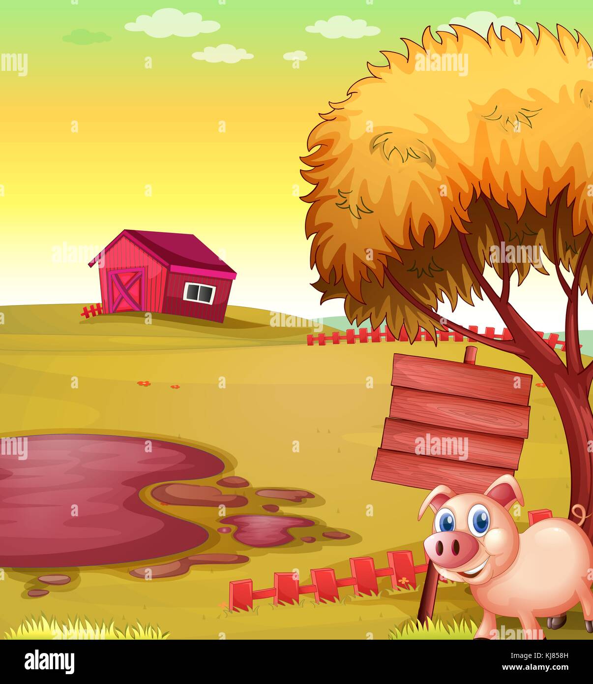 Illustration of a pig outside the fence with an empty signboard and a ...