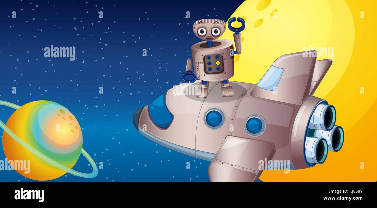 Illustration of a robot above the spaceship in the outerspace Stock ...