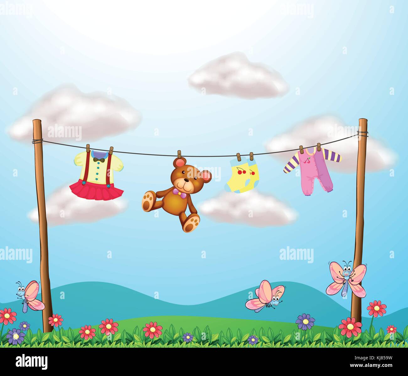Illustration of a child's clothes hanging with a teddy bear Stock ...