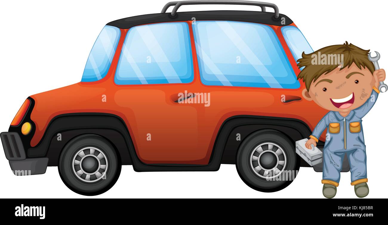 Illustration of a man fixing the orange car on a white background Stock ...