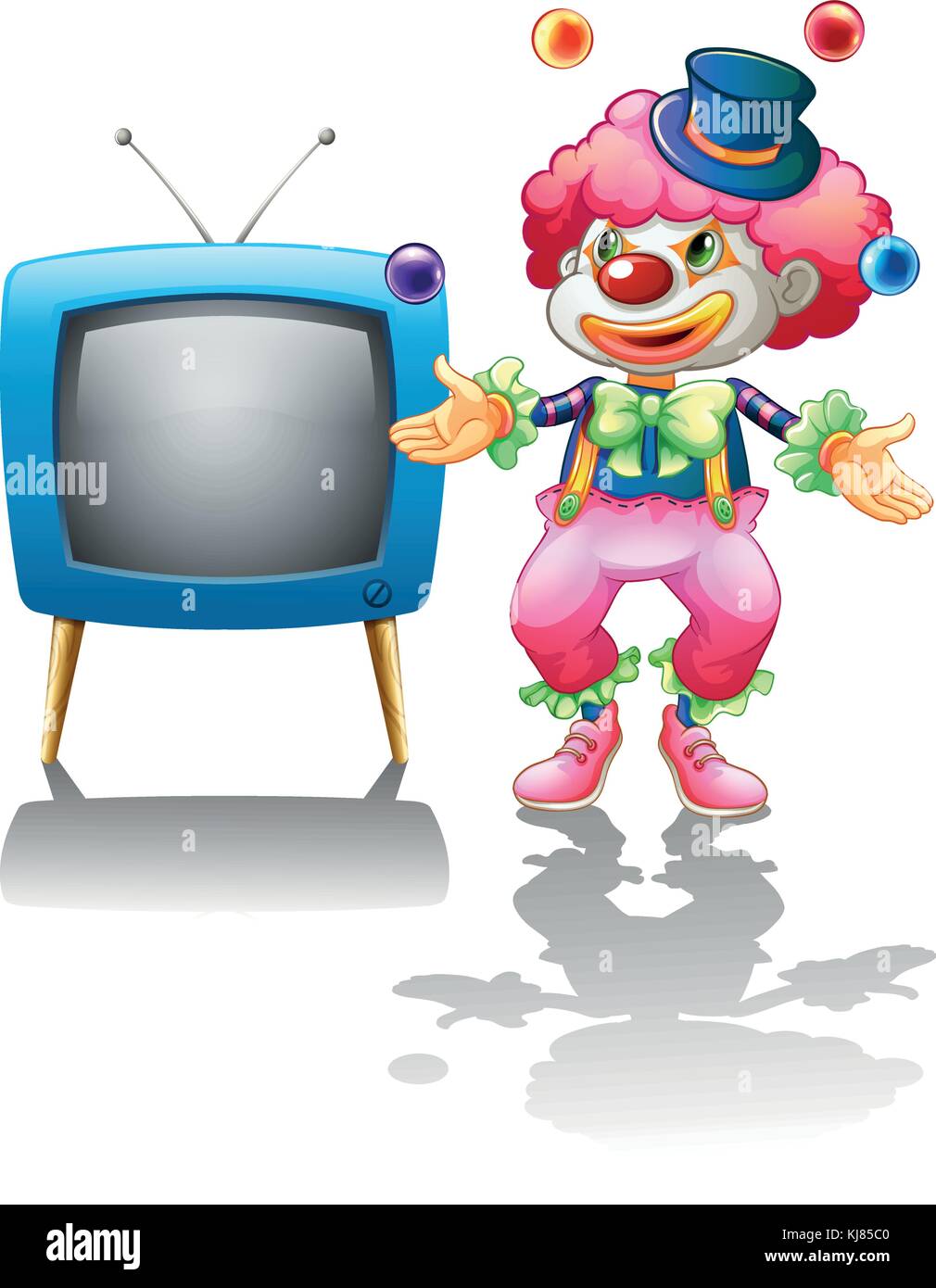 Illustration of a clown standing near the T.V. on a white background ...