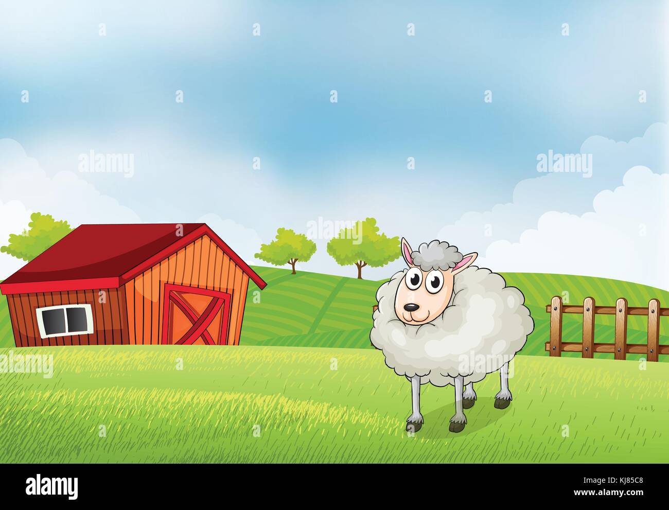 Illustration of a sheep in the farm with barn and wooden fence at the ...